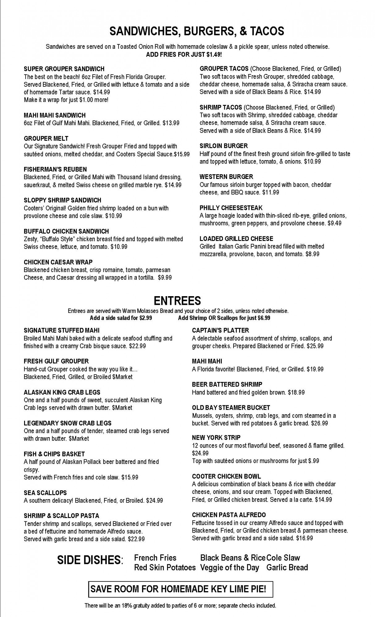 Cooters Restaurant and Bar Menu - Come to Cooters for the Food, Stay ...